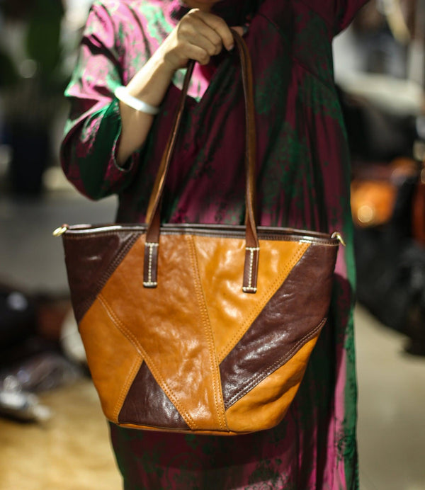 Two-Tone Full-Grain Leather Handcrafted Tote Bag with Artisanal Crafts ...