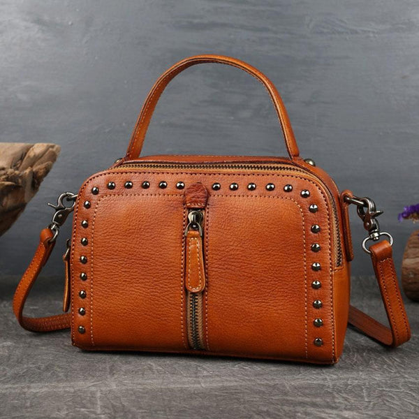 Cute Brown Red Vintage Tanned Leather Top Handle Bag With Golden Rivet ...
